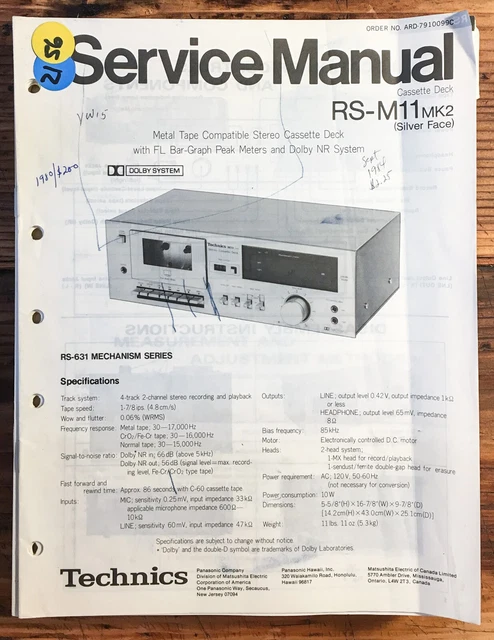 TECHNICS RS-M11 MK2 Cassette Deck Service Manual *Original* £11.74 ...
