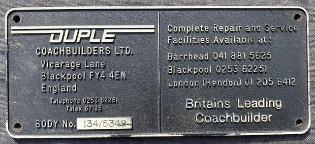 DUPLE WEST YORKSHIRE RCC Leyland UWY80X Bus Coach Body Plate Badge £45. ...