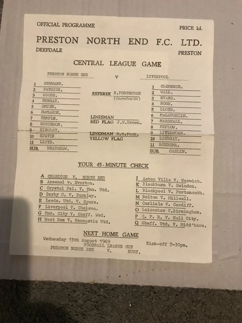PRESTON NORTH END v Liverpool Reserves August 1969 £2.22 - PicClick UK