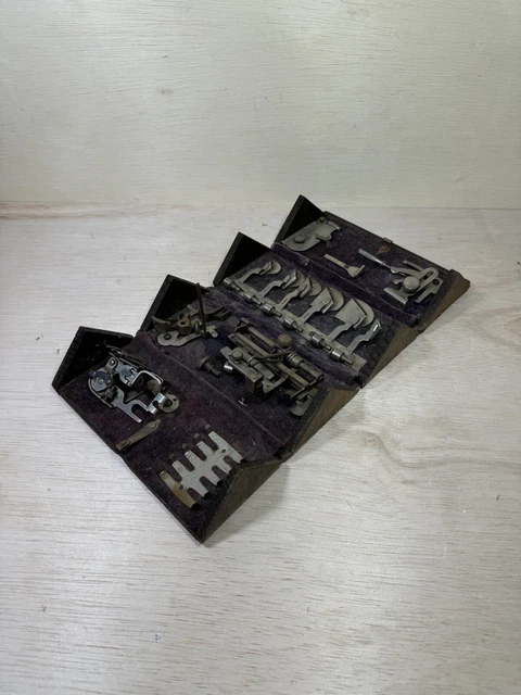 SINGER SEWING MACHINE ATTACHMENTS Tools WOOD PUZZLE BOX Antique 1889 ...