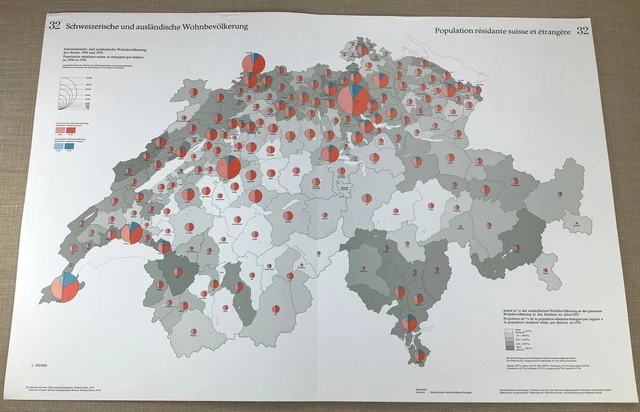 1978 LARGE VINTAGE Map of Switzerland Swiss Population Density ...