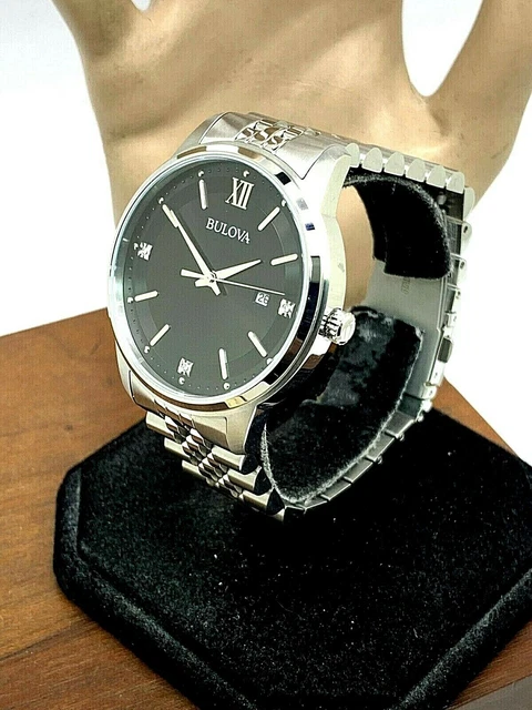 BULOVA MEN'S WATCH 96D151 Quartz Diamond Accent Black Dial Stainless ...