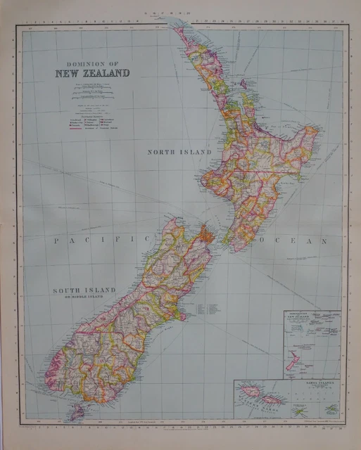 1933 MAP NEW Zealand North & South Island Samoa Wellington Cook Strait ...