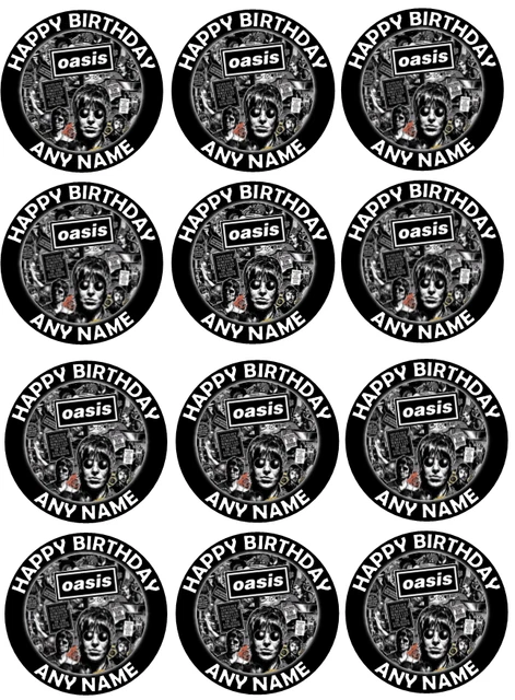 12 PERSONALISED OASIS Birthday Cake Cupcake Topper Edible Icing/Rice £6 ...