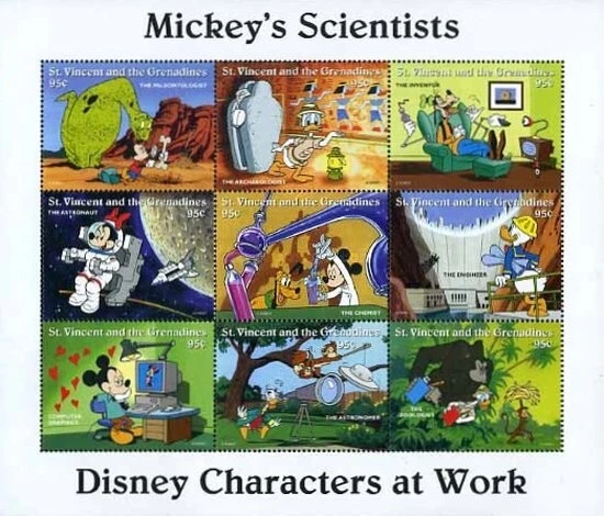 DISNEY 1996 ST Vincent -Disney Characters at Work, Mickey's Scientists ...