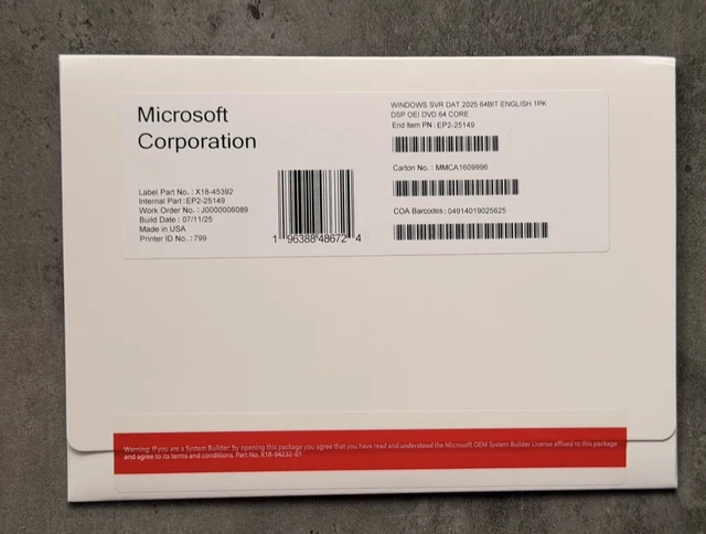 MICROSOFT WINDOWS SERVER 2025 Datacenter 64 bit 64 Core |DVD- License Key | £61.02 - PicClick UK