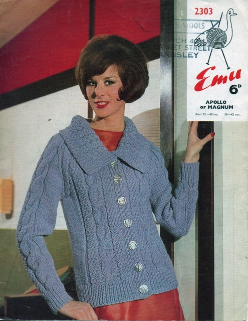 ~VINTAGE 1960S EMU Knitting Pattern For Lady's Chunky Cabled Jacket ...