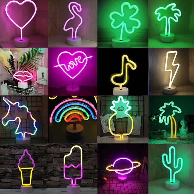 NEON NIGHT LIGHT Lamps USB Party Bedroom Decoration LED Battery Powered ...