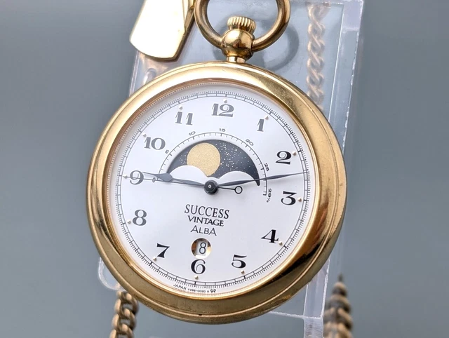 VINTAGE SEIKO ALBA Success V338-0010 Pocket Watch Gold Moon phase ...