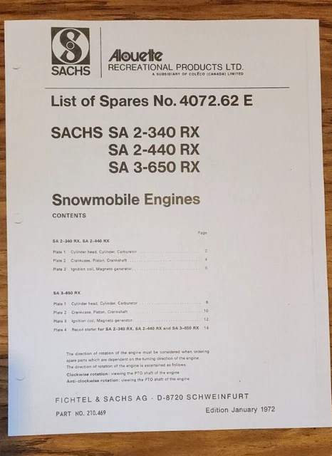ALOUETTE SACHS SNOWMOBILE Engine List Spare Parts Manual No. 4072.62 E ...