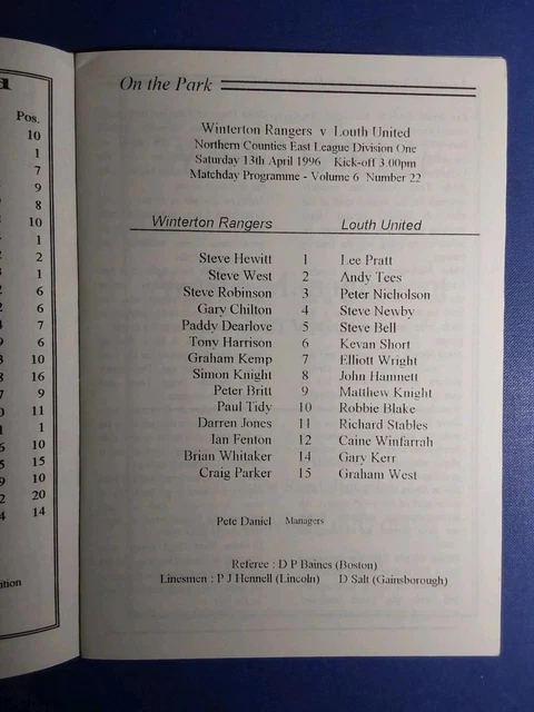 WINTERTON RANGERS V Louth United 13th April 1996 Vgc £1.17 - PicClick UK