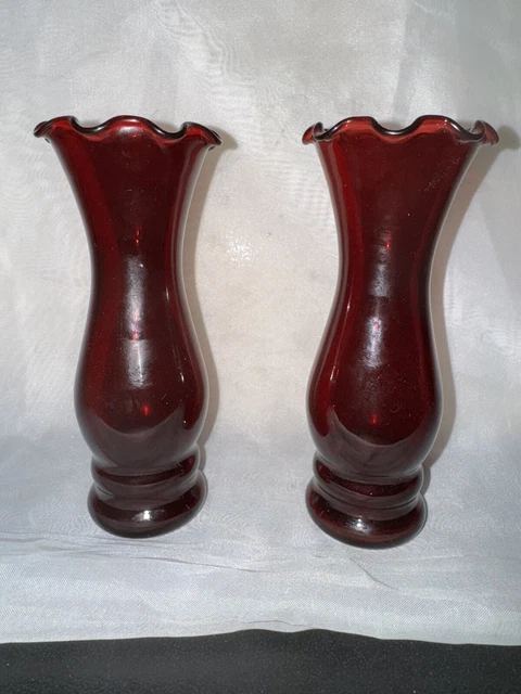 PAIR RUBY RED Frilly Top Glass Vases by Anchor Hocking 6in £12.00 ...
