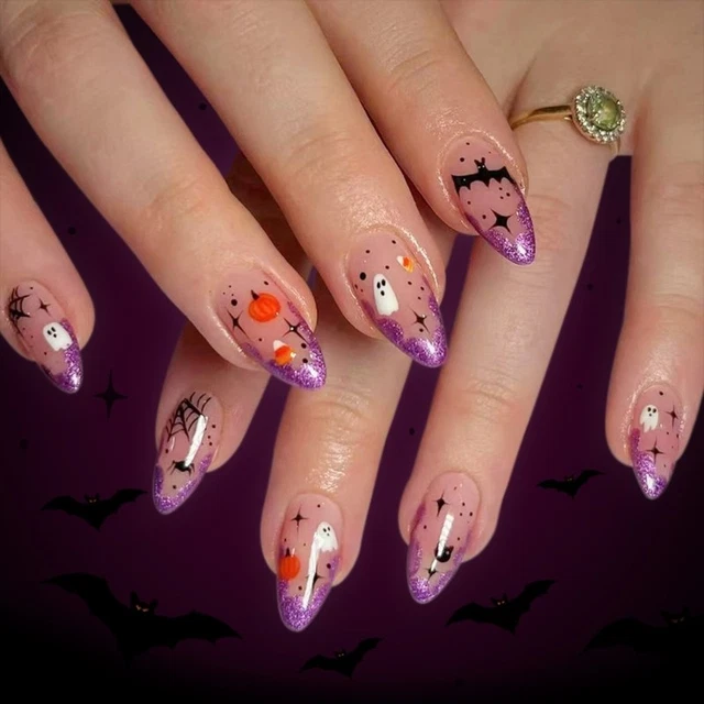 24PIECES HALLOWEEN NAIL Art Cobweb Skeleton Print False Nail Easy ...