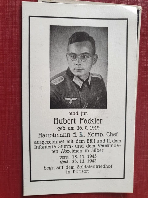 ORIGINAL GERMAN WW2 death Card HUBER PACKLER KMP CHEF 23sep1943 BORISOW ...