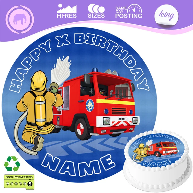 FIREMAN FIRE ENGINE Cake Topper Personalised Round Circle Edible Icing ...