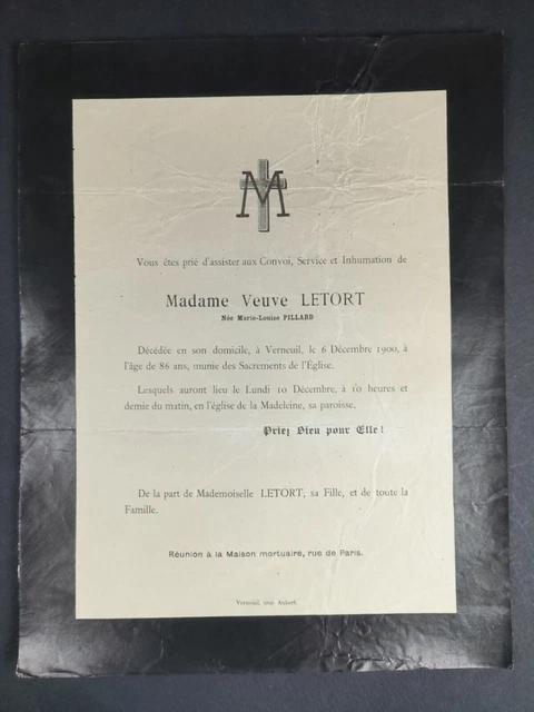 FAIRE-PART DÉCÈS, LETORT née Marie-Louise Pillard, 1814-1900, Verneuil ...