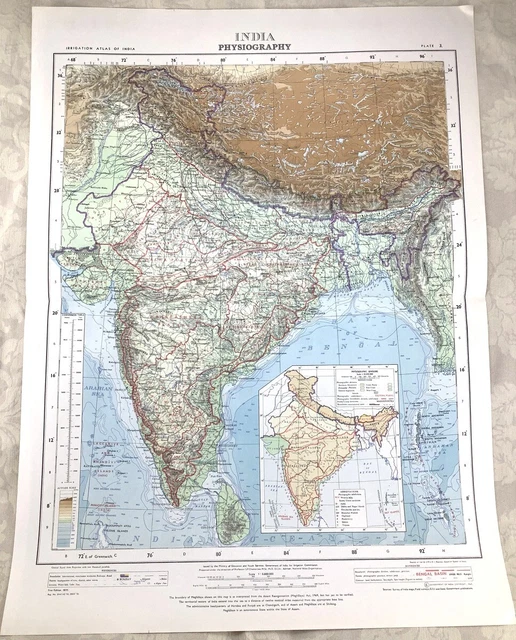 1972 LARGE VINTAGE Map of India Indian Physical Geography Rare ...