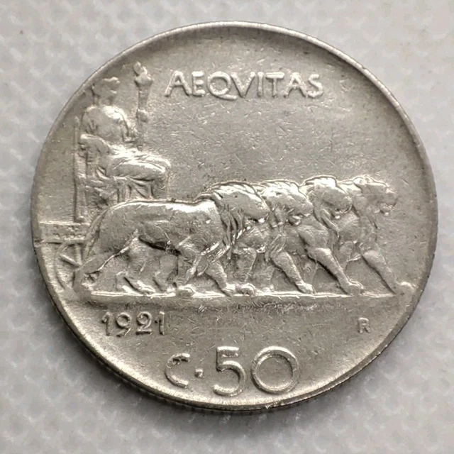 MONETA 50 CENTESIMI Leoni Contorno Rigato 1921 Vittorio Emanuele III ...