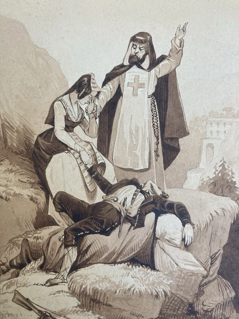 VERY BEAUTIFUL DRAWING ink Lavis 19th century paper religion dead woman ...