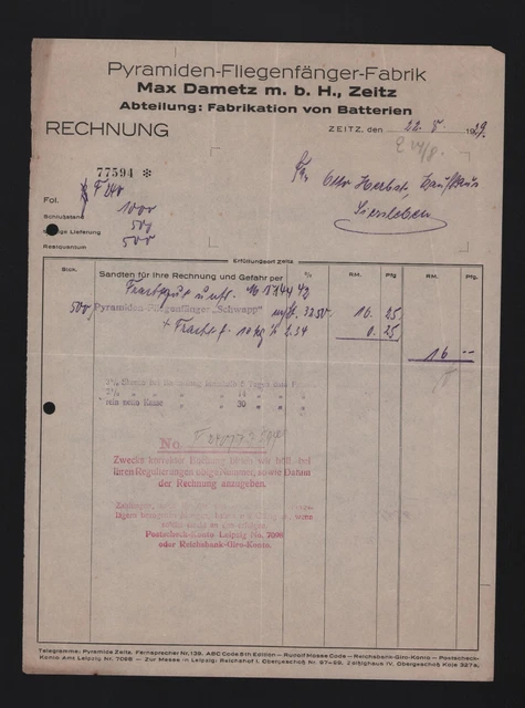 ZEITZ, RECHNUNG 1929, Max Dametz mbH Pyramiden-Fliegenfänger-Fabrik EUR ...