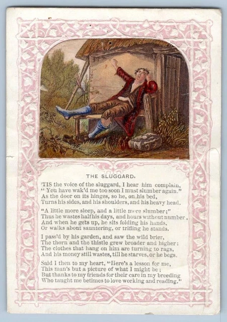 1880'S VICTORIAN CARD "THE SLUGGARD" POEM EMBOSSED LAZY MAN LITHOGRAPH ...