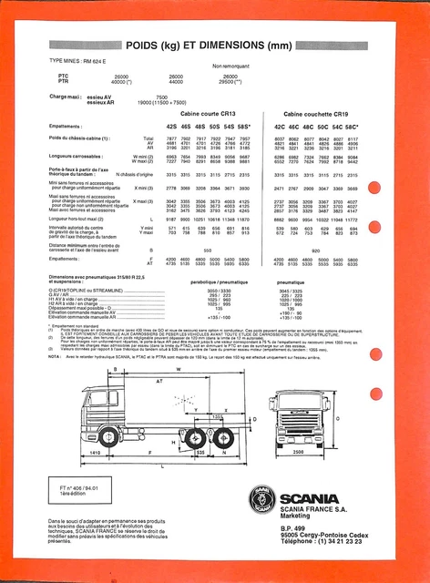 SCANIA / FICHE TECHNIQUE / R 143 ML 6X2 A (B) PORTEUR / de 1994 EUR 7 ...