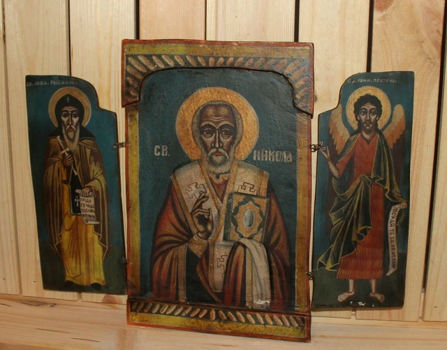 VINTAGE RELIGIOUS HAND painted triptych icon Saint Nicholas EUR 246,21 - PicClick FR