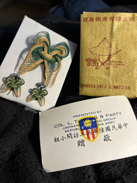 Vtg Taiwan Twisted Tied Brooch Pin And Clip Earrings Set Handmade Nib