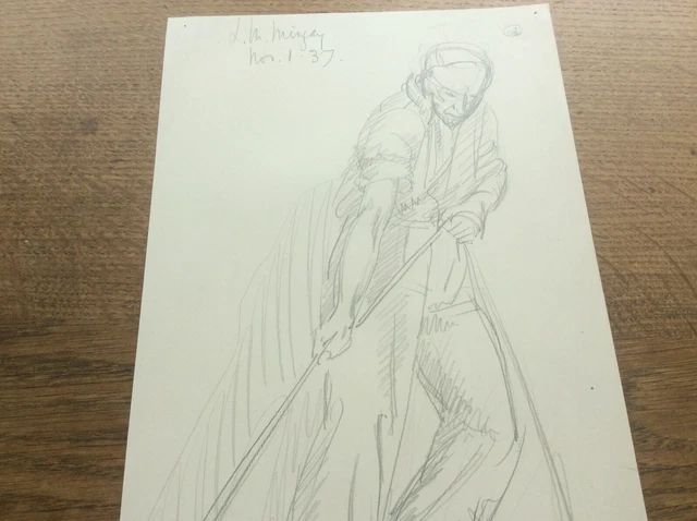 SIGNED ORIGINAL PENCIL Drawing Lillian Mingay 1937 Hauling Fishing Net ...