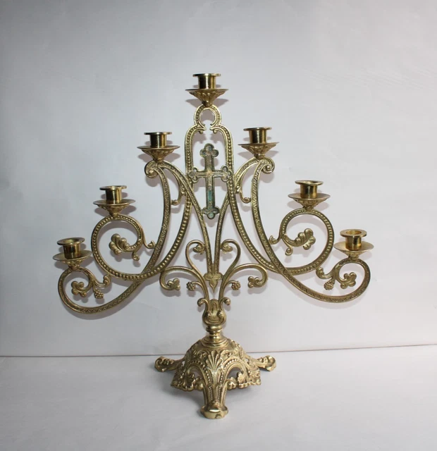 ANCIEN GRAND CANDÉLABRE d'autel 7 feux en bronze laiton, église XIXème ...