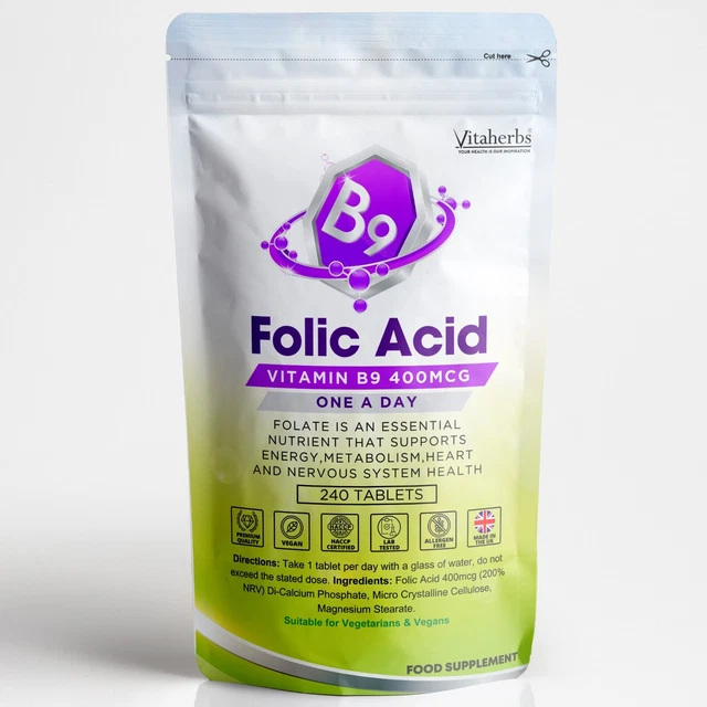 FOLIC ACID 400MCG (Vitamin B9) 240 Vegan Tablets - One A Day ...
