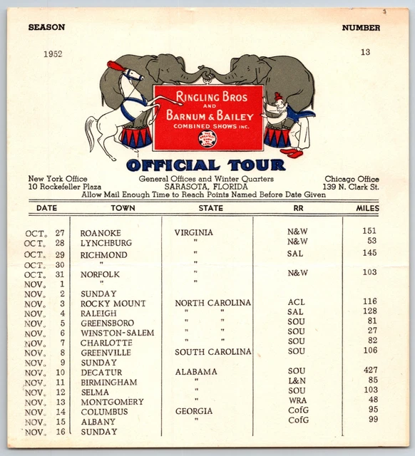 1952 RINGLING BROS Barnum Bailey Circus Route Card Roanoke Richmond ...