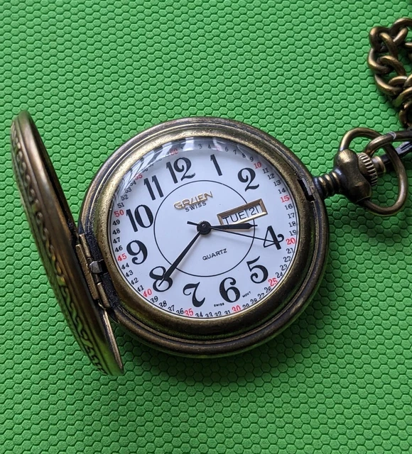 GRUEN DAY-DATE POCKET Watch, Swiss Made ETA Quartz Movement $85.00 ...