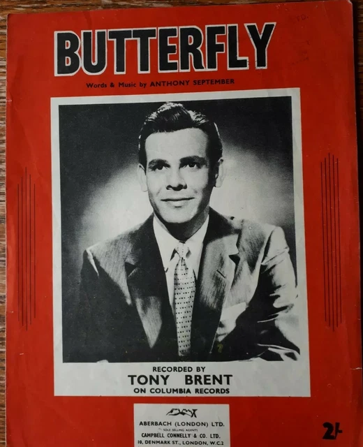 VINTAGE PIANO SHEET Music BUTTERFLY, TONY BRENT with Lyrics & Guitar ...