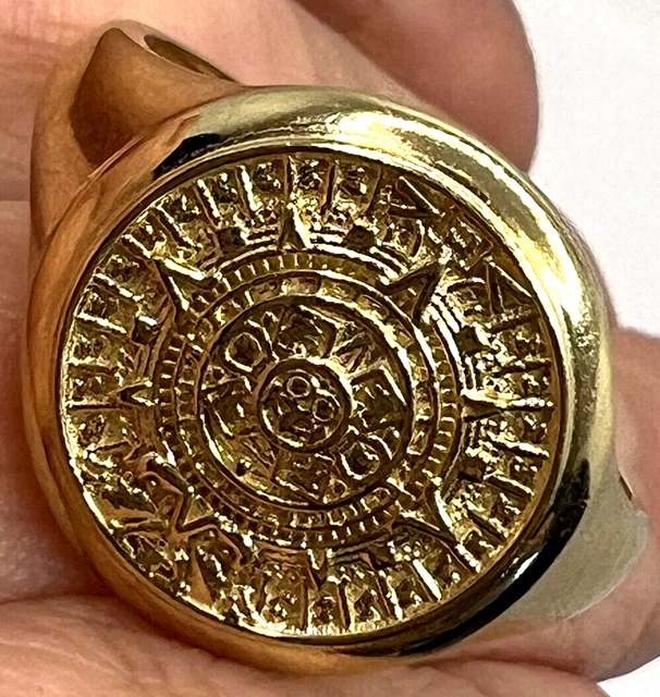 GOLD 14K MENS ring aztec calendar azteca mexican solid size 10 ask 7 8 ...