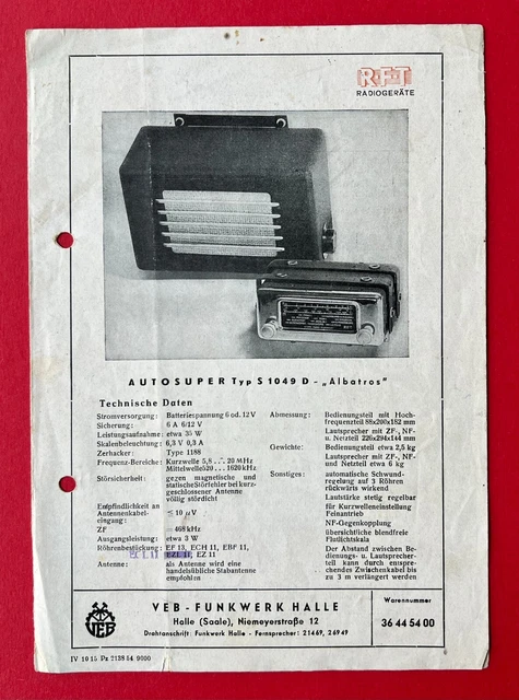 DDR RFT SERVICE Anleitung VEB Funkwerk Halle 1954 AUTOSUPER Albatros ...