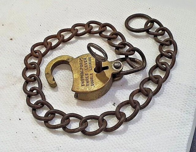 ANTIQUE PADLOCK 3 Lever Solid Brass Lock Stamp The Halford Sword Lock ...