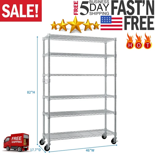 ADJUSTABLE STORAGE SHELVES 6 Tier Wire Shelving Unit Garage Rack with ...