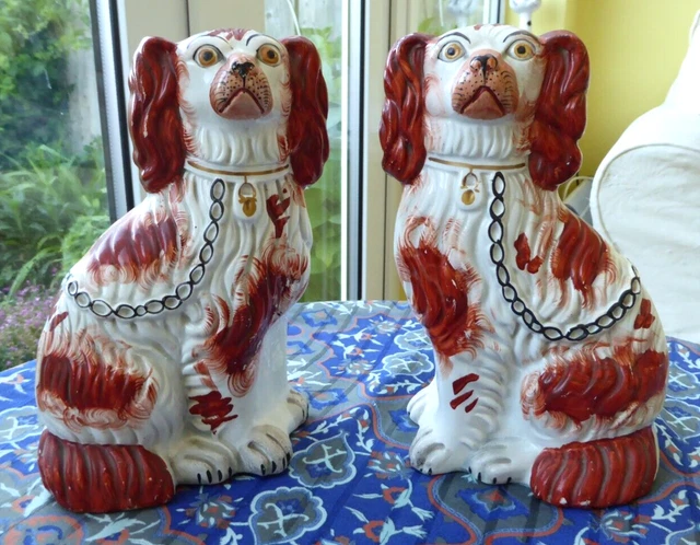 ANTIQUE PAIR STAFFORDSHIRE Large Wally Dogs King Charles Spaniels 9 ...