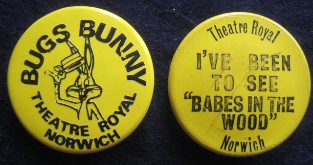 THEATRE ROYAL NORWICH vintage early 1970s BUGS BUNNY & PANTO 32mm tin ...