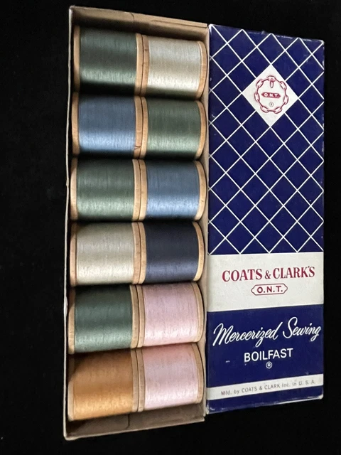 BOX NOS OF 12 Sewing Thread on Vintage Wood Spools Coats & Clark's $25. ...