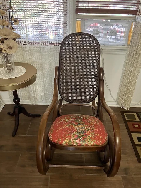 VINTAGE THONET STYLE Bentwood Rocking Chair Cane Back & Upholstered ...