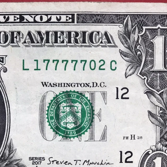 FANCY SERIAL NUMBER Five In A Row 7s 1 Dollar Bill Federal Reserve ...