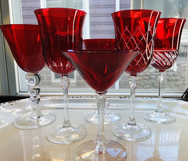 ART DECO RUBY Red Water Wine Cocktail Glass Curated Cut To Clear ...