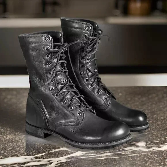 HANDMADE ORIGINAL BLACK Leather Military Combat Boots High Ankle Lace ...