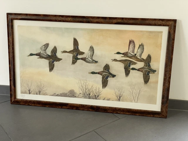 GRAND TABLEAU CHASSE Signée Estampe 1949 Paris N.544 Envolée De Canards ...