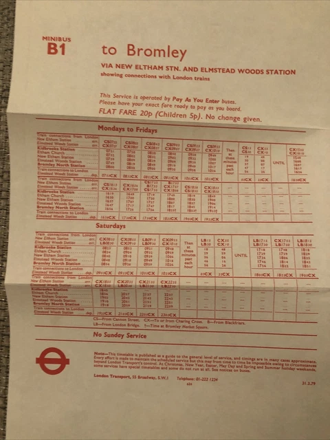 LONDON TRANSPORT TIMETABLE Leaflet 1979 More Buses for Ferrier Estate ...