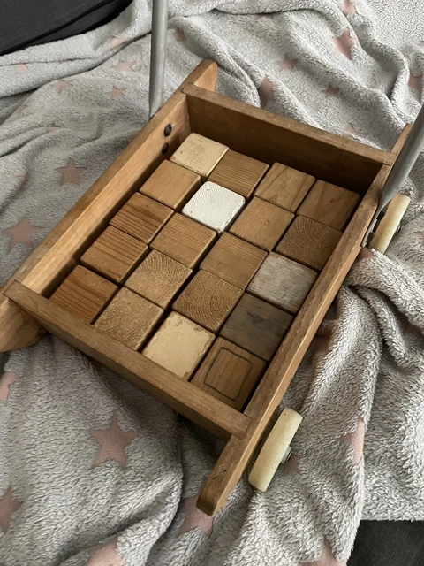 VINTAGE BABY WALKER push along trolley with Wooden Blocks Upcycle £20. ...