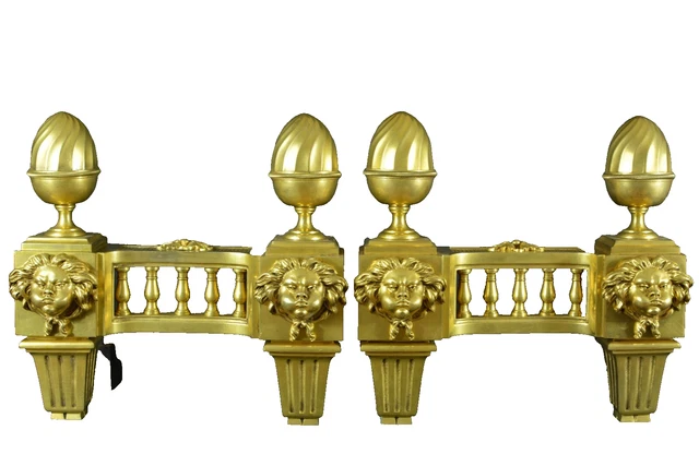 ANCIEN CHENET FEU Louis XVI Bronze Doré tête de Borée Vent Zéphir Grec ...