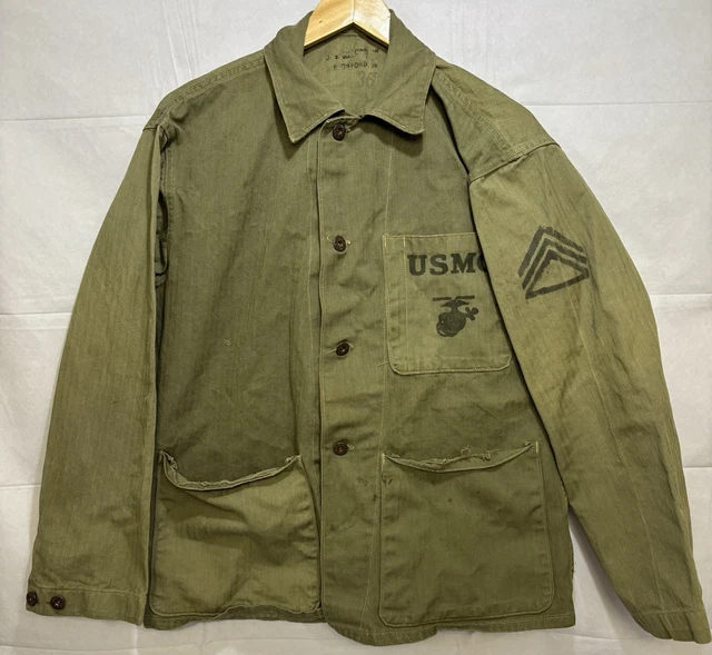 USMC HBT HERRINGBONE Utility Shirt Jacket Metal Buttons Sergeant Rank ...